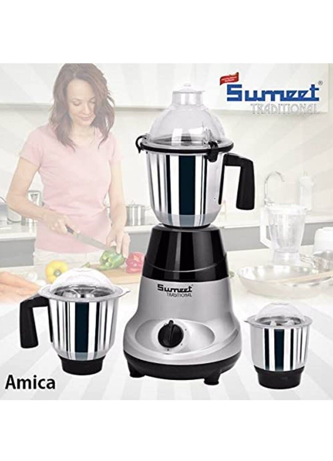 Sumeet Traditional Amica 750W Indian Mixer Grinder Grey Black 3 Jars